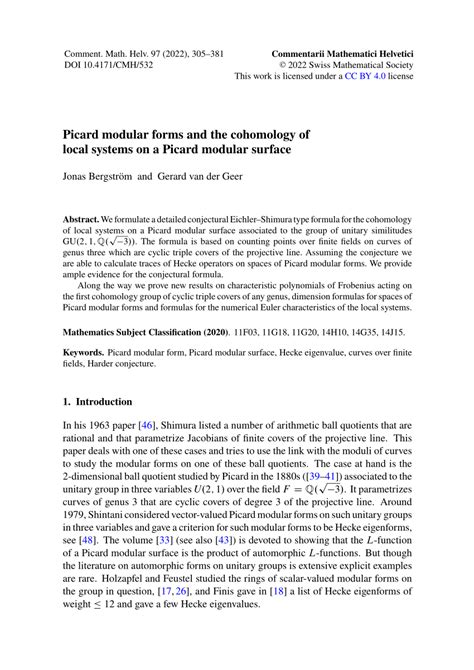 Pdf Picard Modular Forms And The Cohomology Of Local Systems On A Picard Modular Surface