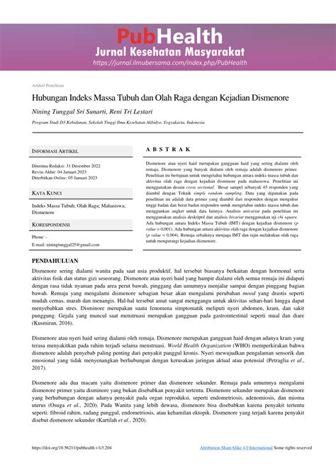 Pdf Hubungan Indeks Massa Tubuh Dan Olah Raga Dengan Kejadian Dismenore