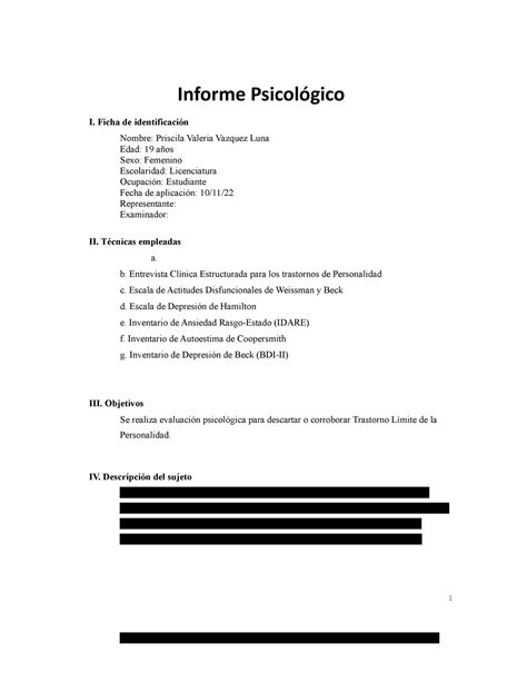 Caso trastorno límite de personalidad Ejemplo Informe Psicológico I