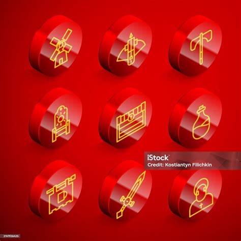 세트 라인 풍차 화살과 전투 석궁 중세 도끼 왕좌 골동품 보물 상자 오래 된 와인 병 거리 간판 바 및 검 아이콘 벡터 3차원 형태에 대한 스톡 벡터 아트 및 기타 이미지