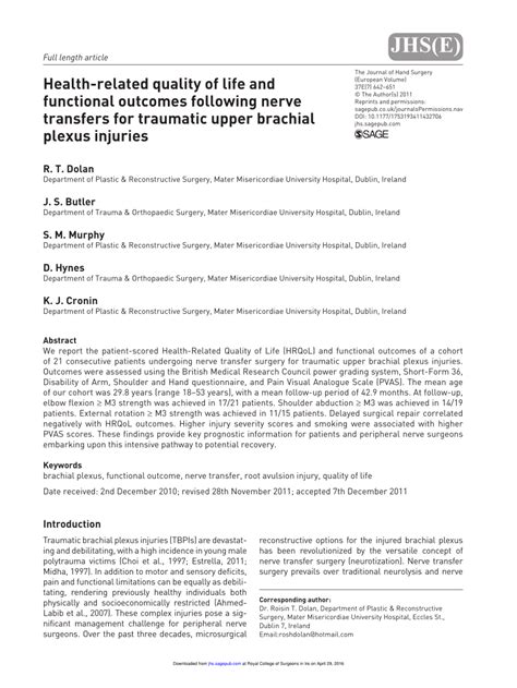 Pdf Health Related Quality Of Life And Functional Outcomes Following Nerve Transfers For