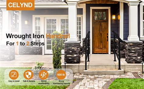 Celynd 2 Step Outdoor Stair Railing Black Wrought Iron Handrail For 1
