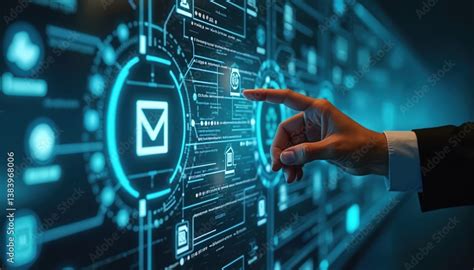Hand Interacts With Workflow Automation System On Digital Screen