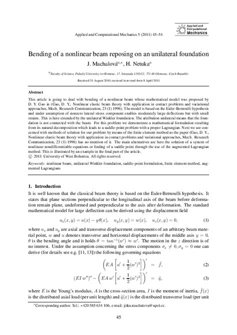 Pdf Bending Of A Nonlinear Beam Reposing On An Unilateral Foundation Jitka Machalová