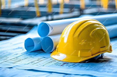 Premium Photo Yellow Helmet On Construction Blueprints Against Construction Site Background