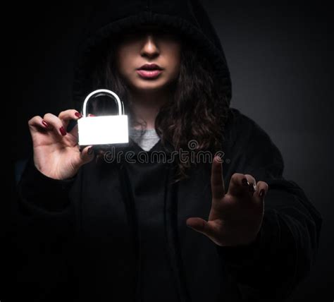 Female Hacker Hacking Security Firewall Late In Office Stock Image