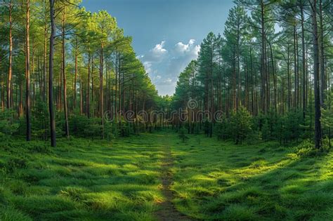 Panoramic Photo Of Pine Forest With Tall Trees And Green Grass Realistic Shot Stock