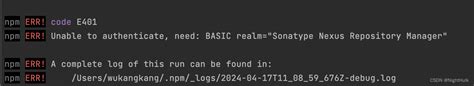 npm err code e401 unable to authenticate need basic realm “sonatype