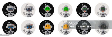 만화 봇 Ute 로봇 캐릭터 아바타 세트 미소 짓는 얼굴의 감정을 가진 다양한 로봇 가상 비서 디지털 Ai 봇 또는 챗봇 마스코트 고립된 벡터 그림 개념에 대한 스톡 벡터