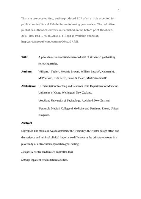 Pdf A Pilot Cluster Randomized Controlled Trial Of Structured Goal Setting Following Stroke