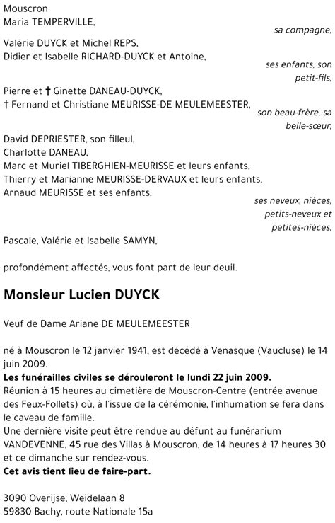 Avis De Décès De Lucien Duyck Décédé Le 14 06 2009 à Annonce