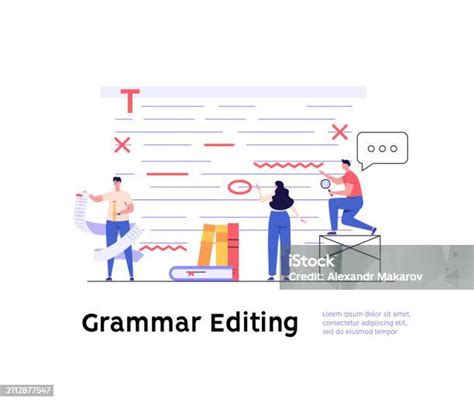 텍스트로 문서 편집 빨간색 마커로 문법 오류 수정 교사는 페이지 텍스트 오류를 수정합니다 교정 스크립트의 개념 문법 편집 실수 수정 벡터 평면 만화 그림 규칙에 대한 스톡
