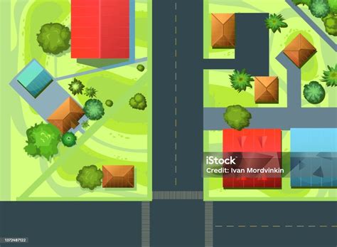 도로 연결 도시의 거리 위에서 맨 위 보기 작은 마을 집과 도로 도로 나무 및 건물로 매핑합니다 현대 자동차 만화 귀여운 스타일 일러스트 벡터 0명에 대한 스톡 벡터 아트