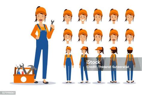 여성 정비사 다양한 보기의 수리 만화 스타일 플랫 벡터 문자 그림 기계공에 대한 스톡 벡터 아트 및 기타 이미지 기계공