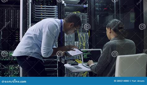 Engineer Problem Solving And Server Room Woman And Man Team With Tablet Laptop And Network