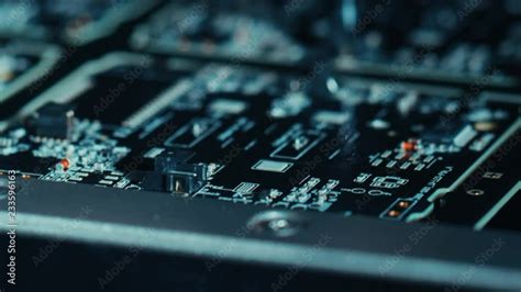 Close Up Macro Shot Of Electronic Factory Machine At Work Printed Circuit Board Being Assembled