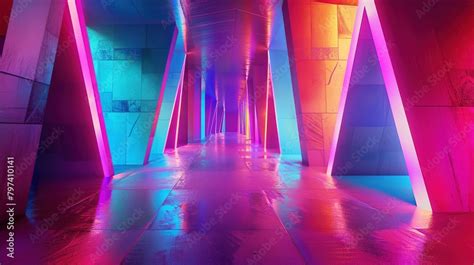 A Portrayal Of A Neon Abstract Art Museum With Non Euclidean Geometry And Impossible Spaces