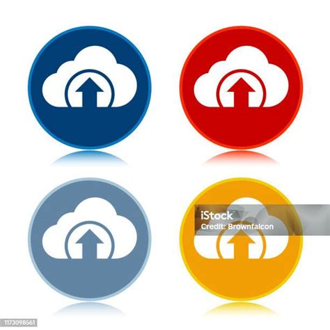 클라우드 업로드 아이콘 트렌디 한 평면 라운드 버튼 세트 일러스트 디자인 가상현실에 대한 스톡 벡터 아트 및 기타 이미지