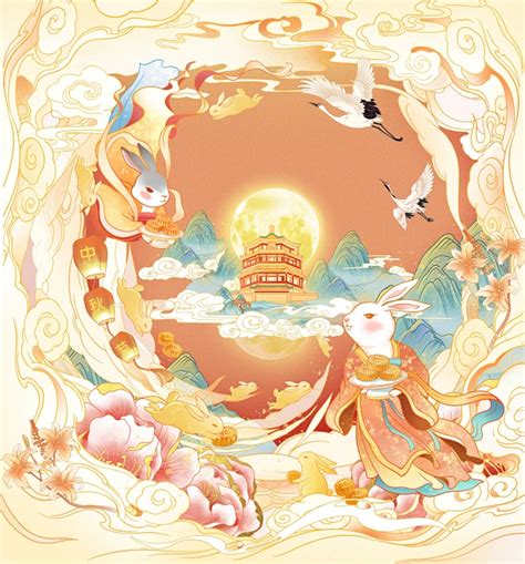中秋礼品文创插画国风国潮月兔插画商业插画南小笙原创作品 花瓣网