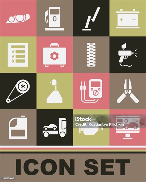 자동차 자동차 배터리 점퍼 전원 케이블 페인트 스프레이 건 윈드 스크린 와이퍼 툴박스 검사 헤드라이트 및 타이어 휠 아이콘의 진단 상태를 설정합니다 벡터 고무에 대한 스톡