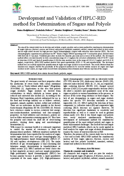 Pdf Development And Validation Of Hplc Rid Method For Determination Of Sugars And Polyols