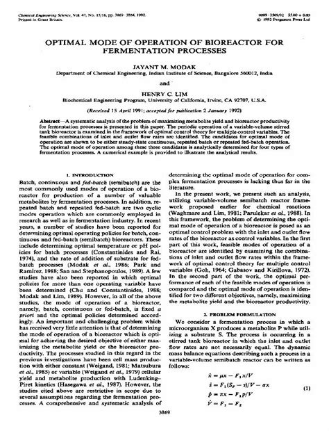 Pdf Optimal Mode Of Operation Of Bioreactor For Fermentation