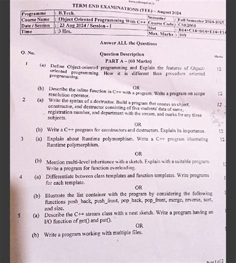 Cse2001 Object Oriented Programming Tee Paper August 2024 Studocu