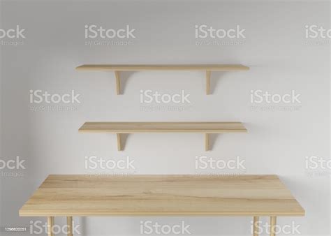 흰색 배경이 있는 3d 렌더링 작업 데스크 나무 테이블과 나무 선반 최소한의 작업 영역 벽 개념 템플릿 0명에 대한 스톡 사진 및 기타 이미지 Istock