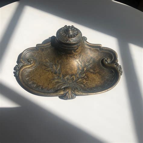 Vintage Brass And Porcelain Inkwell And Pen Rest Etsy