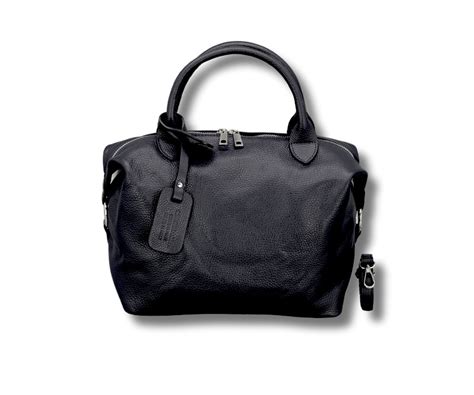 Bolso Tote De Piel Grano Natural En Color Negro Asa De Mano Y Correa