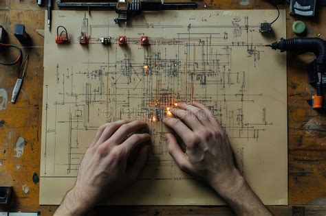 Hands Working On An Electronic Circuit Blueprint With Illuminated Components In A Workshop