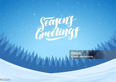계절의 인사말과 소나무 숲의 손 글자와 푸른 겨울 눈 덮인 풍경 크리스마스 배경 가문비나무에 대한 스톡 벡터 아트 및 기타 이미지 가문비나무 겨울 경관 Istock