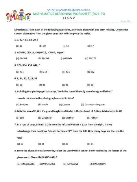 V Math Reasoning Worksheet Pdf Mathematics