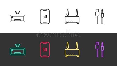 Set Line Computer Keyboard Mobile With 5g Router And Wi Fi Signal And Usb Cable Cord On Black