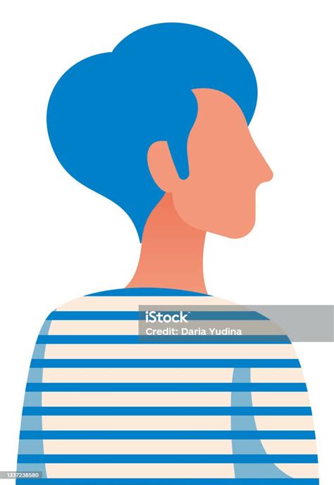 줄무늬 티셔츠를 입은 짧은 파란색 머리를 한 여성이 3쿼터에 얼굴을 돌린 채 시청자에게 서 있다 등에 대한 스톡 벡터 아트 및 기타 이미지 Istock