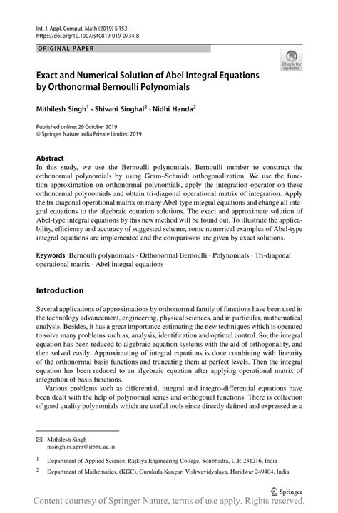 Exact And Numerical Solution Of Abel Integral Equations By Orthonormal Bernoulli Polynomials