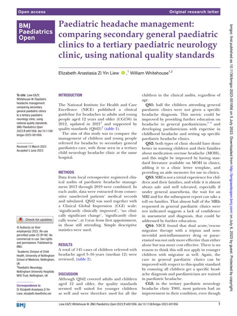 Pdf Paediatric Headache Management Comparing Secondary General Paediatric Clinics To A