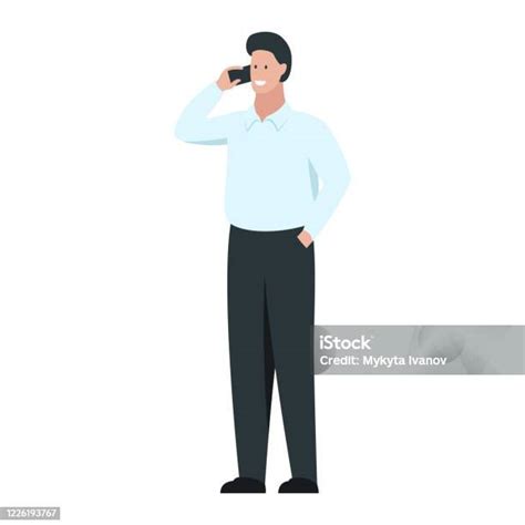 전화로 말하는 행복한 웃는 남자의 벡터 개념 그림입니다 서 남성 캐릭터 전체 길이 만화 그림입니다 남자는 전화를 걸고 휴대 전화에 좋은 대화를 갖는 가공의 인물에 대한 스톡