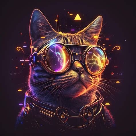 Premium Ai Image Cat Wearing Glasses With Geometric Space Art Futuristic Album Cover Style Neon