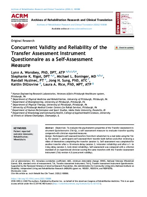 Pdf Concurrent Validity And Reliability Of The Transfer Assessment Instrument Questionnaire As