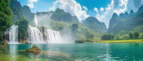 Ai Generator Image Of Beautiful Waterfalls Limestone Waterfalls Stock Illustration