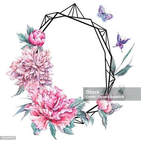 수채화 자연 다각형 프레임 핑크 꽃 피는 모란 벌과 나비는 흰색 배경에 고립 꽃 장식 손으로 그린 그림 결정체에 대한 스톡 벡터