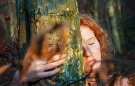 Beautiful Young Lovely Woman Redhead Ginger With Curly Red Hair Natural In The Forest N Nature
