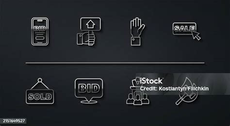세트 라인 온라인 경매 경매 판매 판매 보석 판매 입찰 핸드 홀딩 패들 망치 및 아이콘과 가격표 벡터 개념에 대한 스톡 벡터 아트 및 기타 이미지 Istock