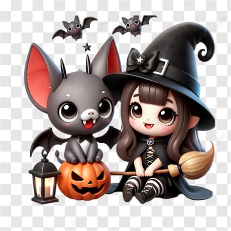 귀여운 만화 방망이는 배경에 날아 다니는 빗자루를 들고 마녀 빗자루와 함께 호박에 앉아 있습니다 만화 박쥐 빗자루와 마녀 할로윈 장면 Png 일러스트 및 이미지 에