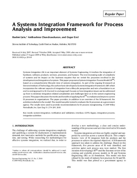 Pdf A Systems Integration Framework For Process Analysis And Improvement