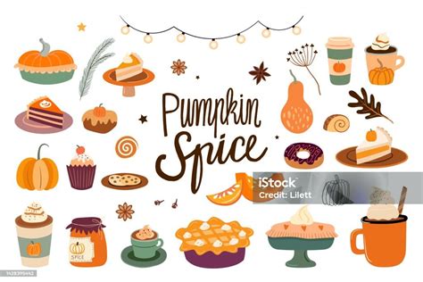 제철 맛 제품 커피 라떼 파이 및 기타 달콤한 디저트 흰색과 손 레터링에 고립 된 가을 다른 요소가있는 호박 향신료 컬렉션 가을에 대한 스톡 벡터 아트 및 기타 이미지