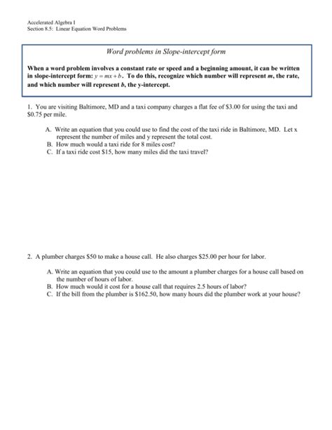 Linear Equation Word Problems Algebra I Worksheet