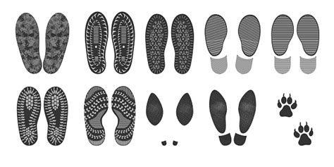인간의 신발의 발자국 흰색 배경에 고립 된 실루엣의 벡터 세트 신발 밑창 인쇄 발 보호기 부츠 운동화 신발 여성과 남성 개 트랙 흑백 이미지 클립 아트 0명에 대한 스톡