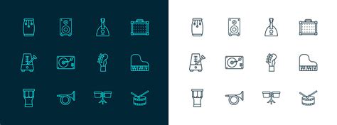 세트 라인 기타 앰프 트럼펫 넥 봉고 드럼 비닐 디스크가 있는 비닐 플레이어 발랄라이카 콩가 드럼 및 스테레오 스피커 아이콘 벡터 국가 관광명소에 대한 스톡 벡터 아트 및